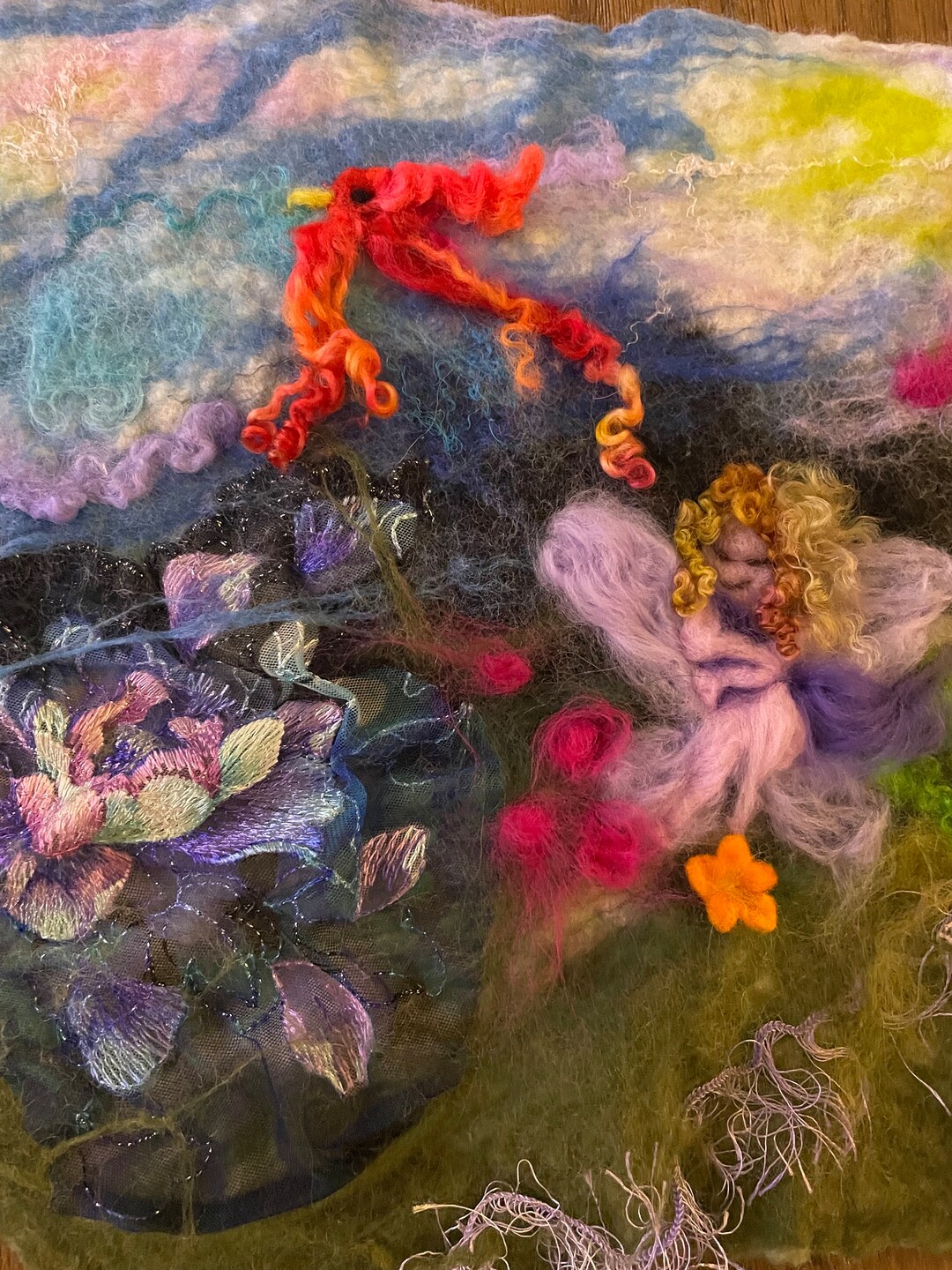 Original Felted Artwork. Fairy, Bird and Butterflies. OOAK Art. Textile ...