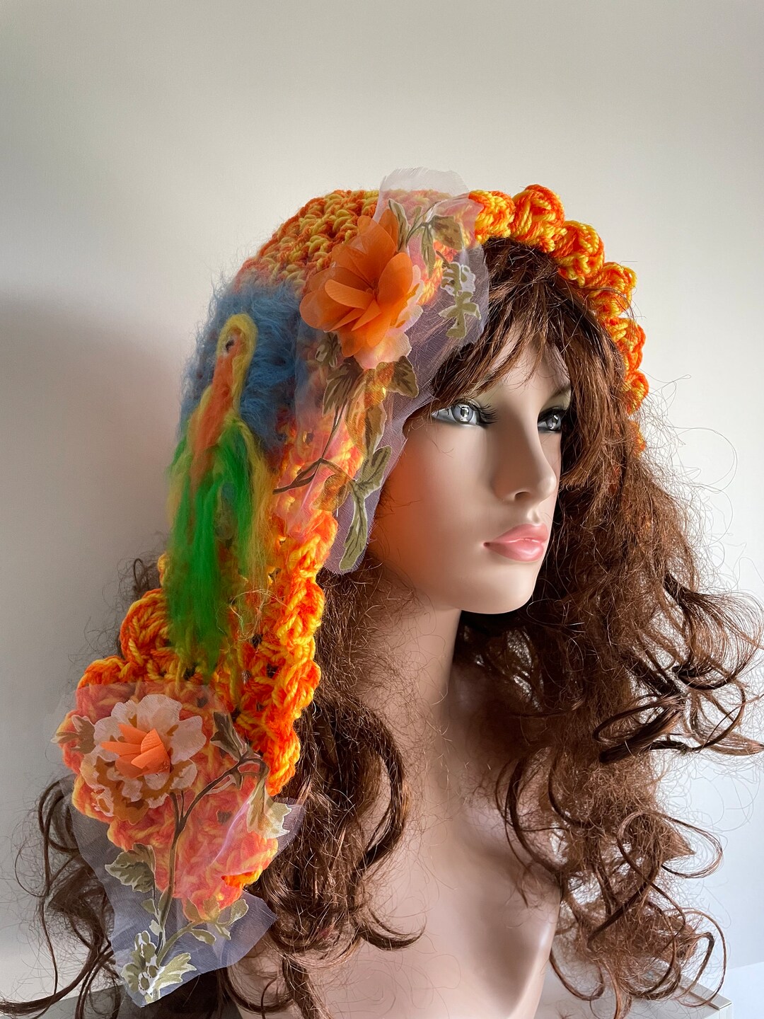 Freeform Crochet Bird Bonnet Hat. Embellished With Lace. OOAK Wearable ...