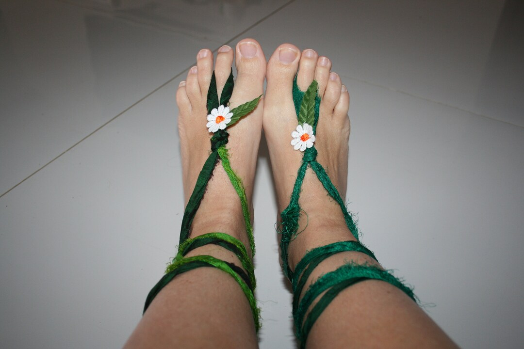 Green Barefoot Sandals. Sari Silk Barefoot Forest Sandals. Pixie Fairy ...