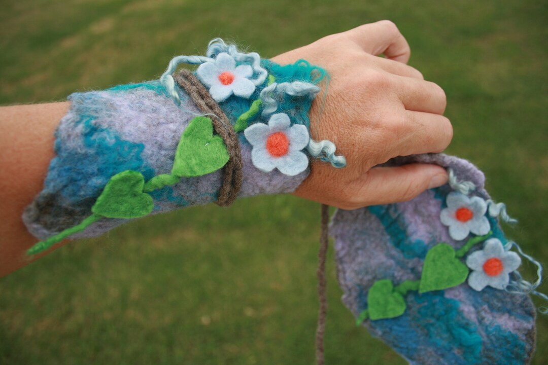 Pair of Flowers and Vines Felted Bracelets Wrist Cuffs Gauntlet Style ...