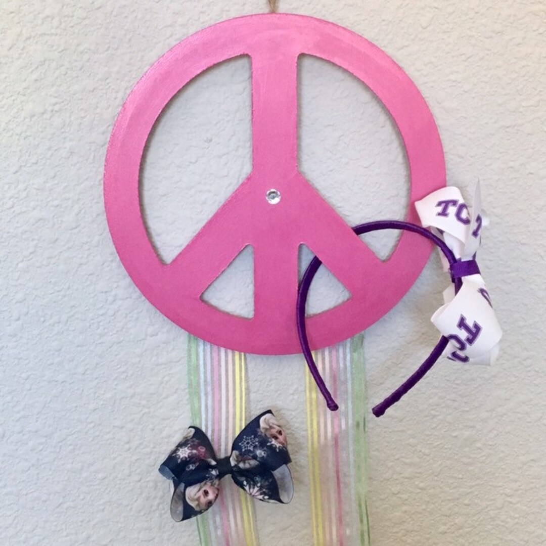 Hair Bow Organizer Pink Peace Sign Bow Holder Personalized Hair Bow Organizer Cheer Bow Holder