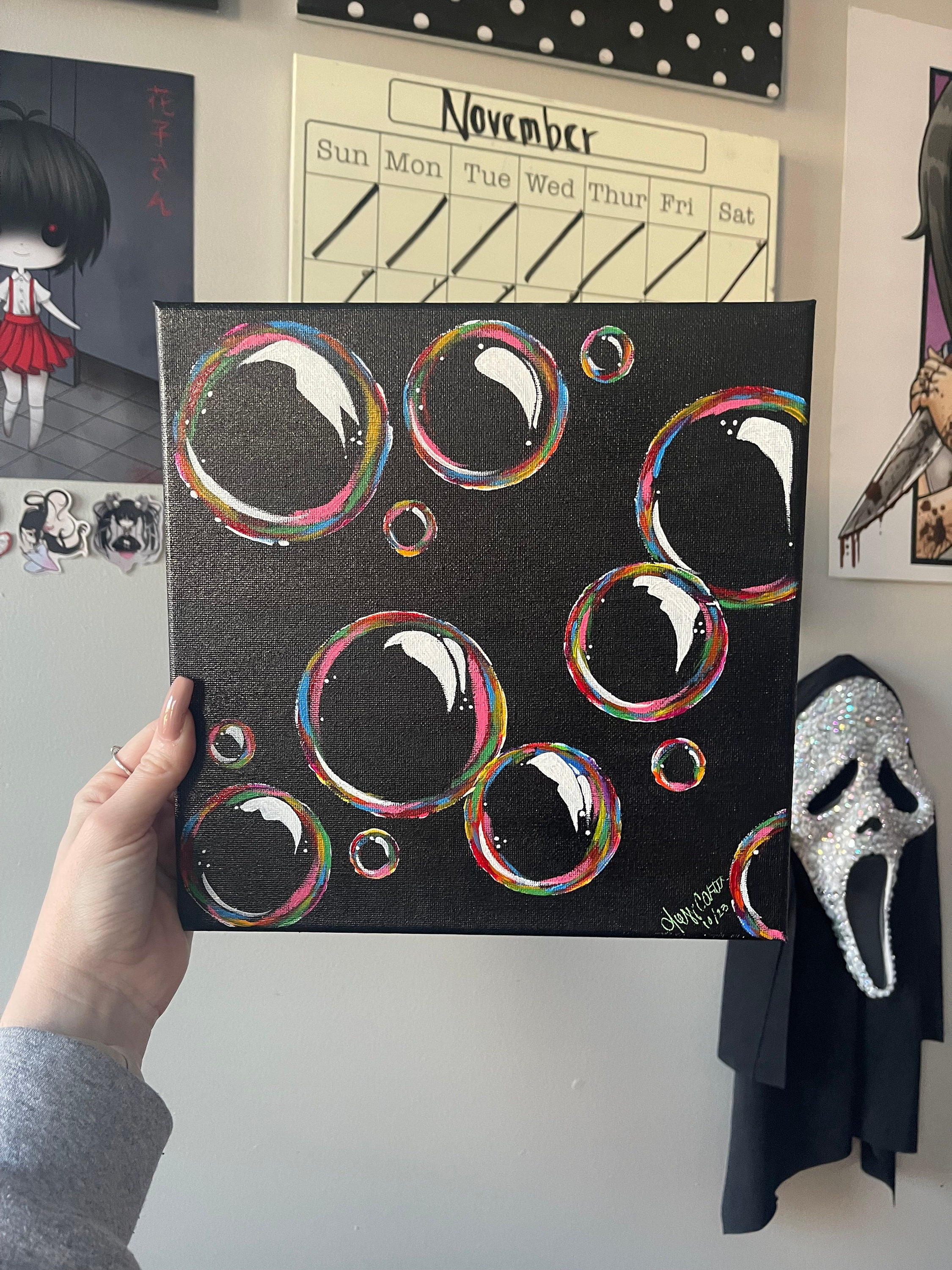 Rainbow Bubbles on a Black Background Acrylic Painting on Canvas - Etsy