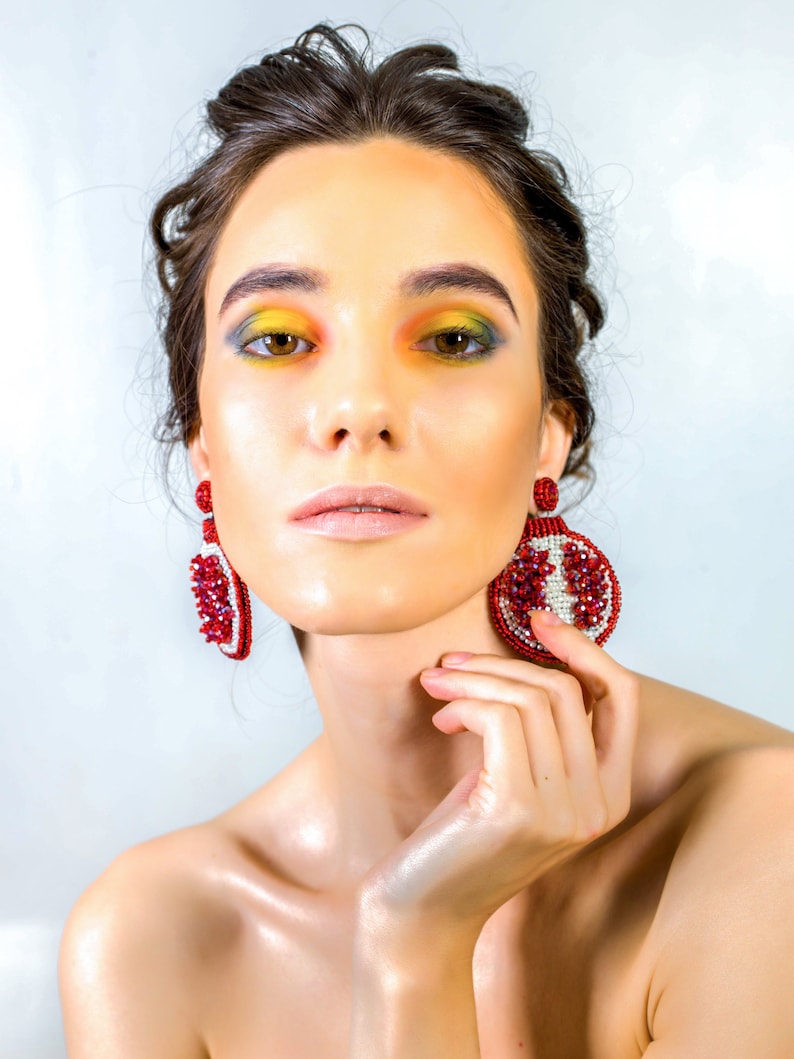 Big Round Red POMEGRANATE EARRINGS Summer FRUIT Statement - Etsy