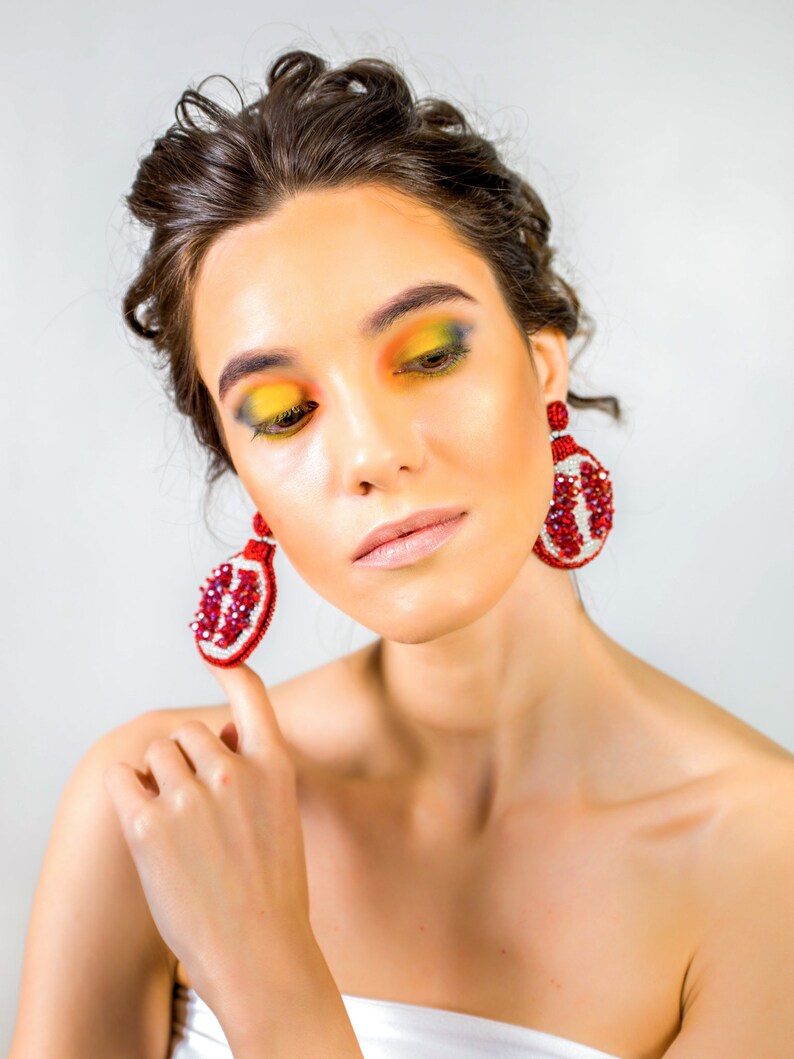 Big Round Red POMEGRANATE EARRINGS Summer FRUIT Statement - Etsy