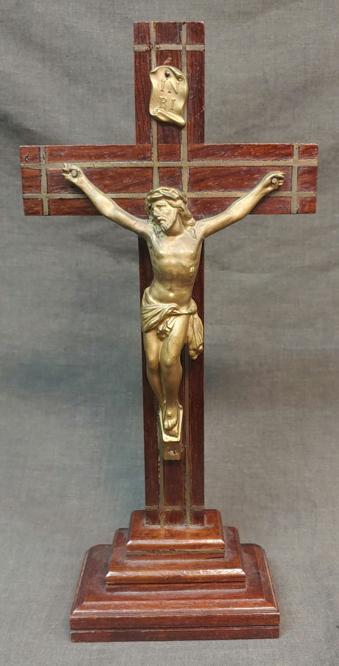 Antique Old Vintage Handmade Wooden Brass Inlay Free Standing Crucifix ...