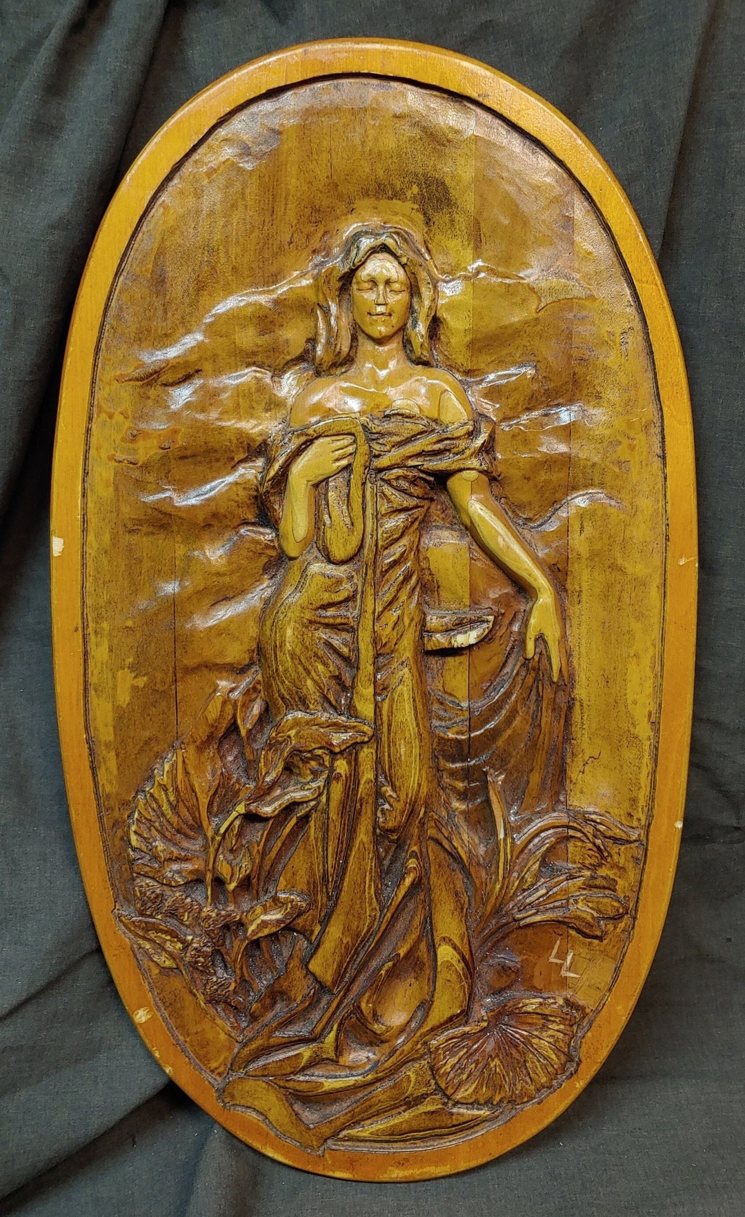 Old Vintage Hand Carved Artist Signed Art Nouveau Woman Wooden Wall ...