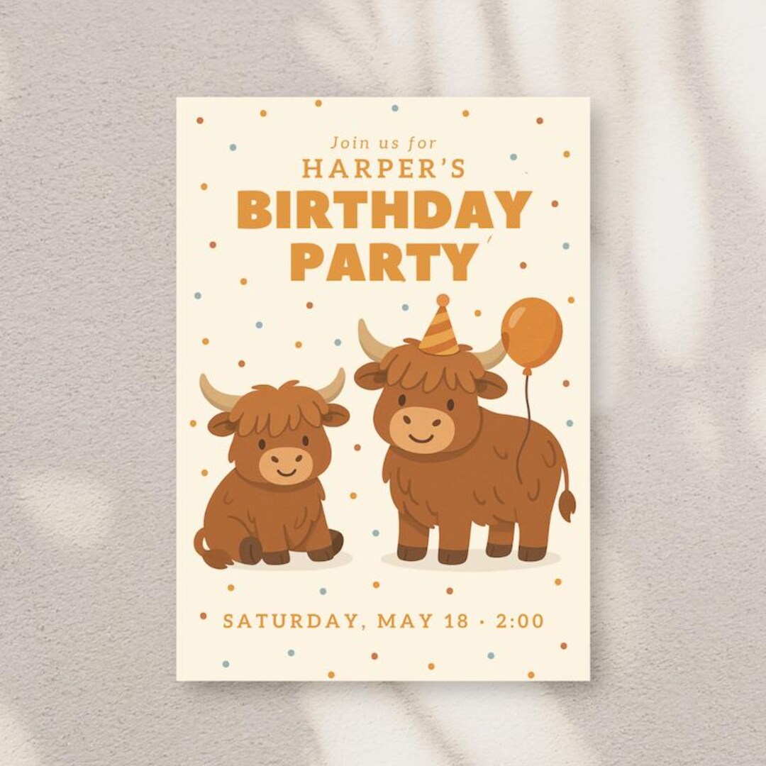 Highland Cow Birthday Invitation | Cartoon Cow Birthday Invite Template ...