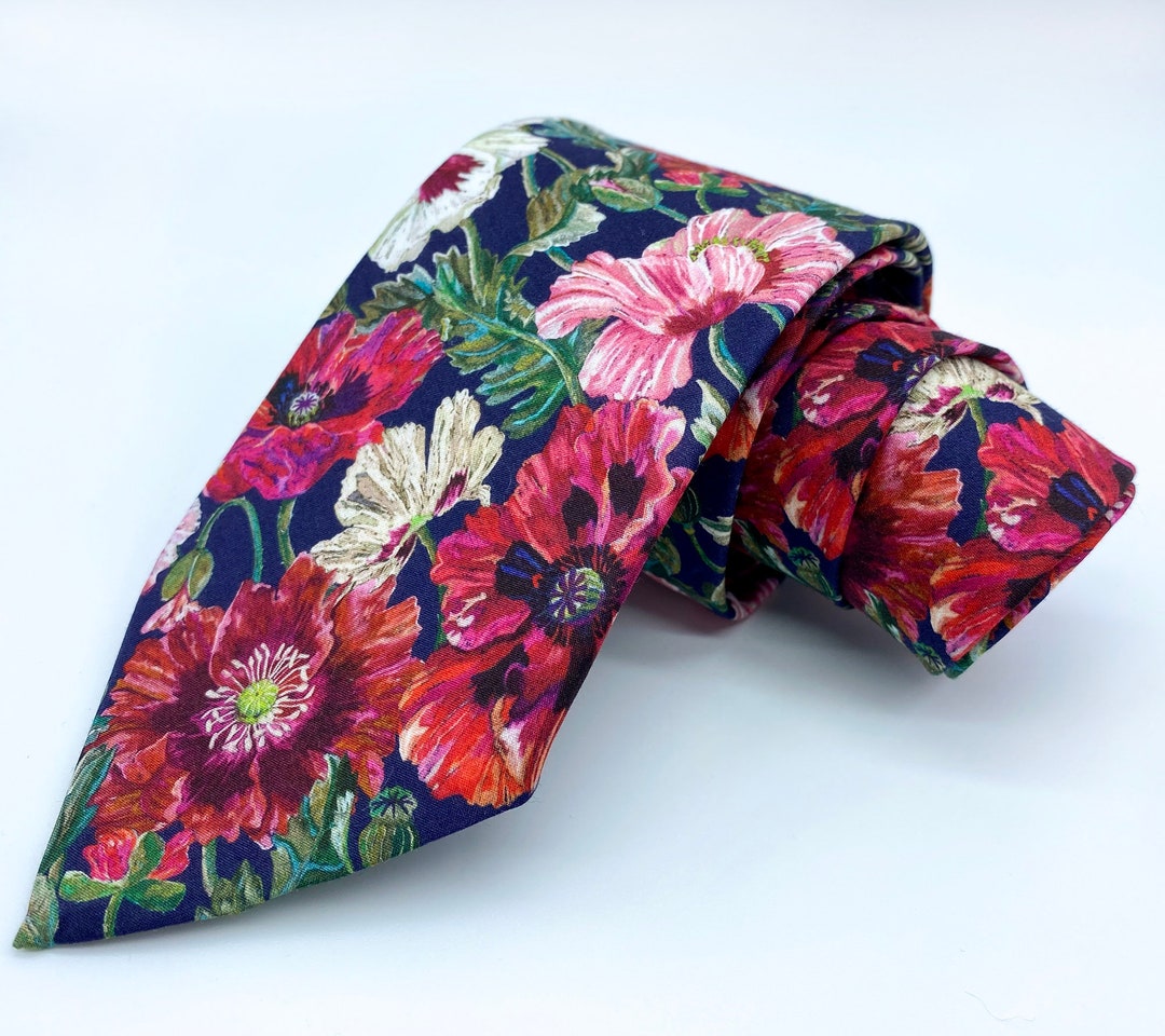 Floral Neck Tie, Poppies in Burgundy Wine, Emerald Green, Navy Blue ...
