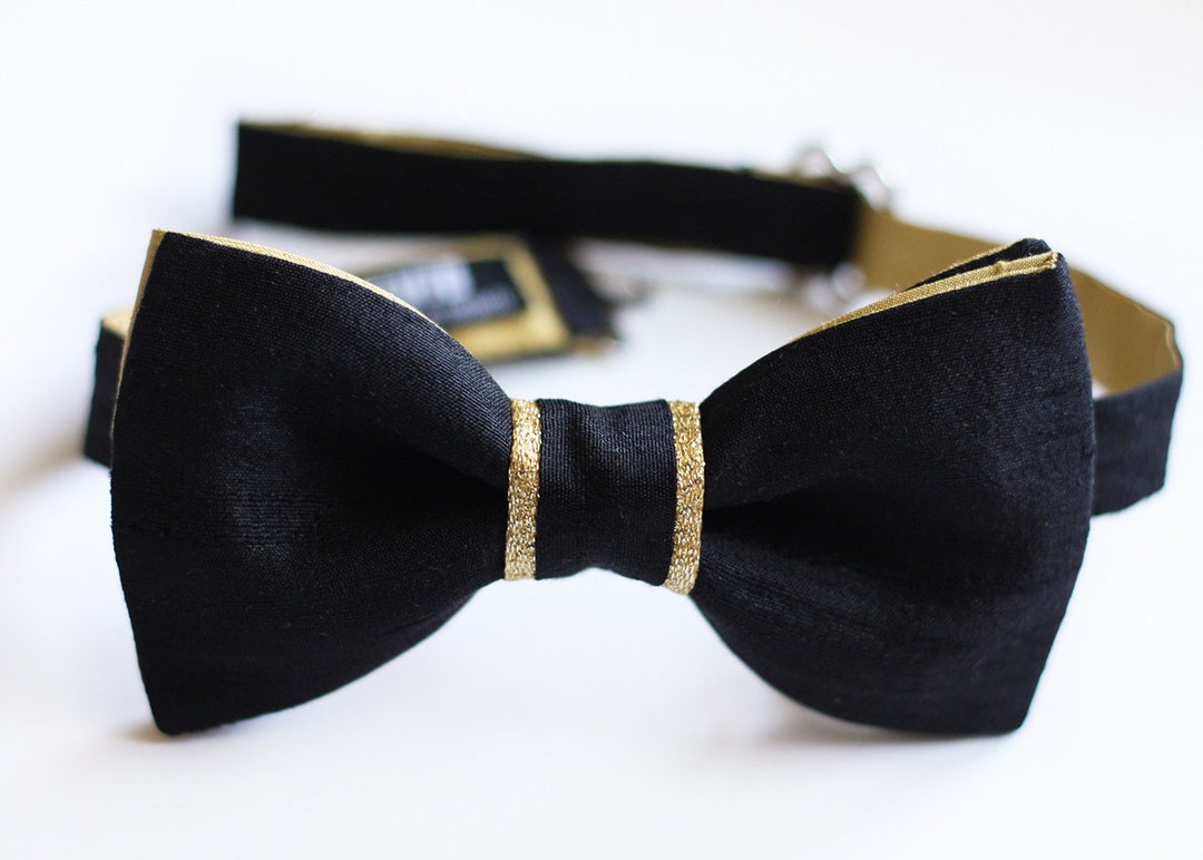 Black and Gold Bow Tie, Metallic Gold, Black Raw Silk Bow Tie, Pretied Bowtie,black Tie Event ...