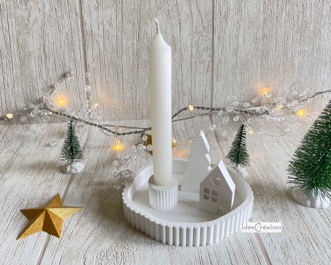 Decorative Candle Holder on a Tray With a House and Fir Tree / Raysin ...