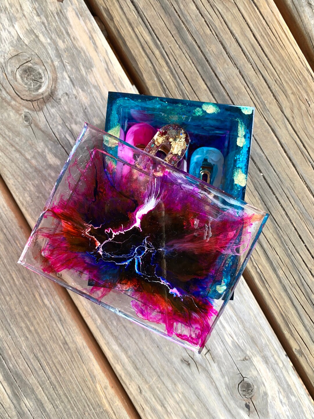 Pink & Blue Ink Swirl Resin Box With Two-sided Lid | Barrette Organizer ...