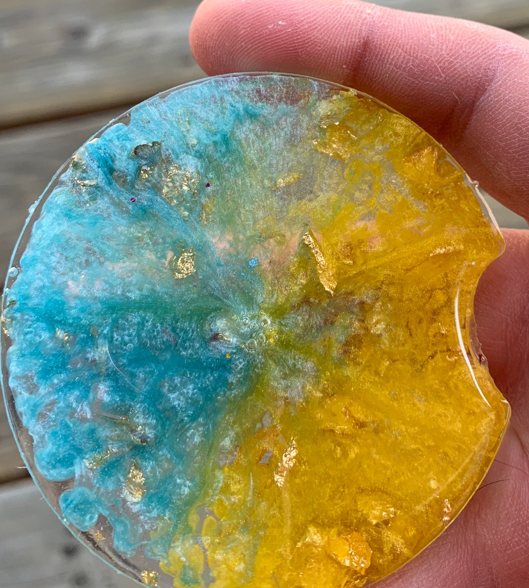 Blue & Gold Tie Dye and Foil Resin Car Cup Coaster | Beachy Car Coaster ...