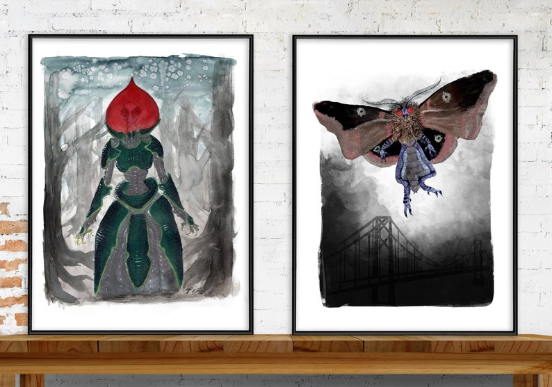Mothman and the Flatwoods Monster Art Print Set. West Virginia Folk Art ...