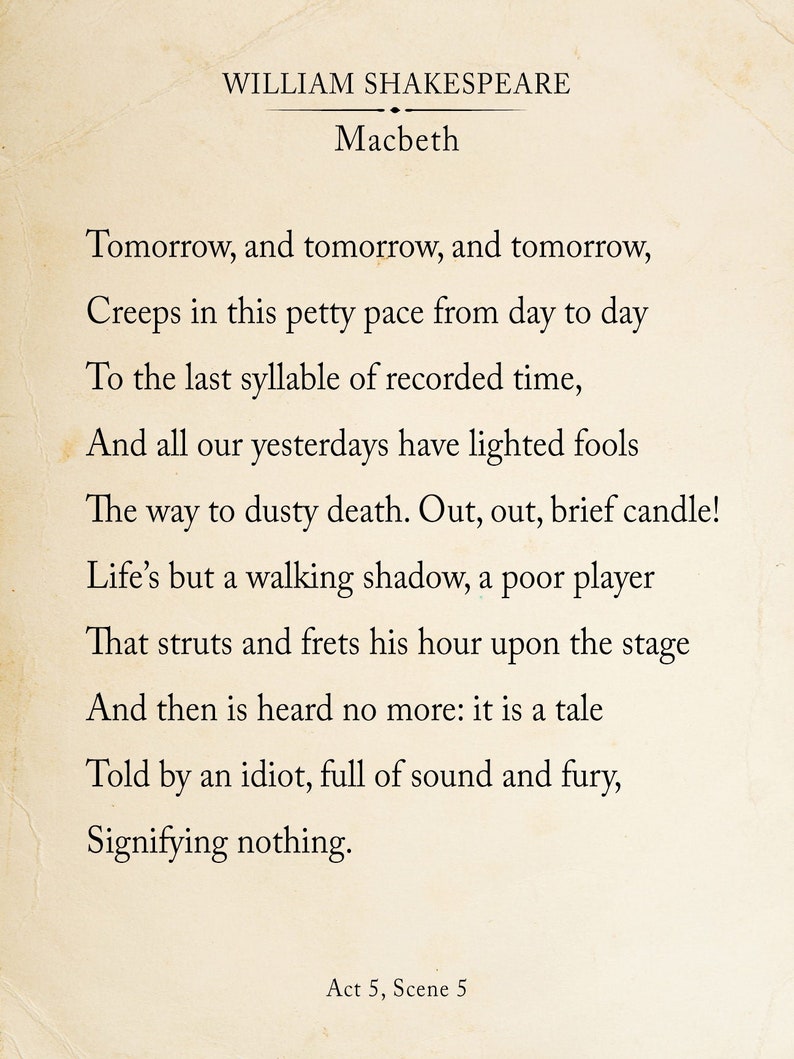 Macbeth Tomorrow and Tomorrow Shakespeare Book Page Style Literary ...