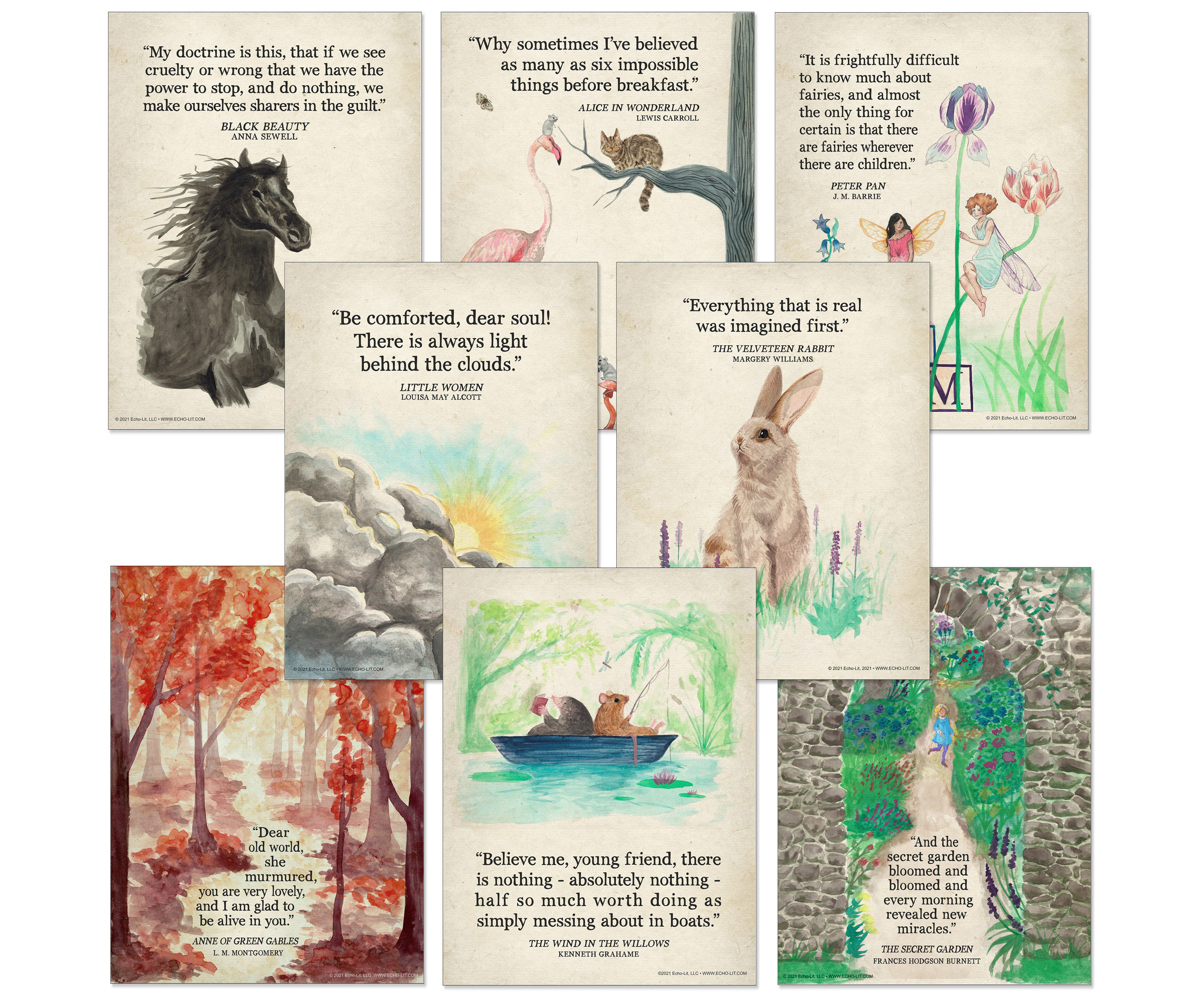 Children’s Vintage Style Literary Watercolor Art Print Quote Set. Fine ...