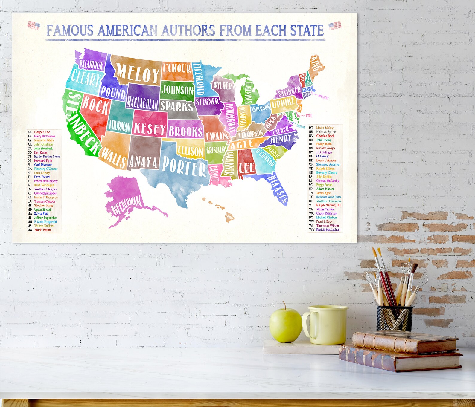 Famous American Authors From Each State Water Color Literary Art Print ...