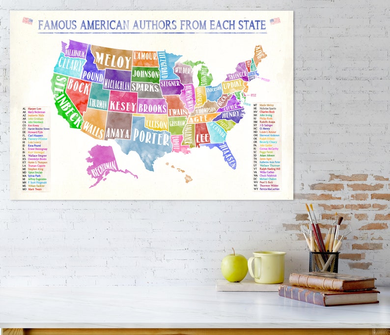 Famous American Authors From Each State Water Color Literary Art Print ...
