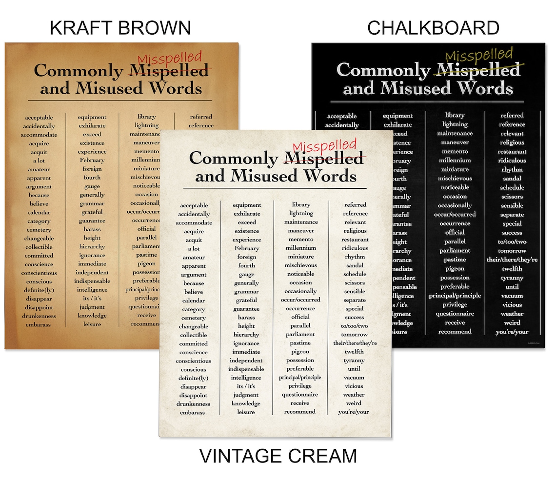 Commonly Misspelled Words Writing Print. Three Colors. Fine | Etsy