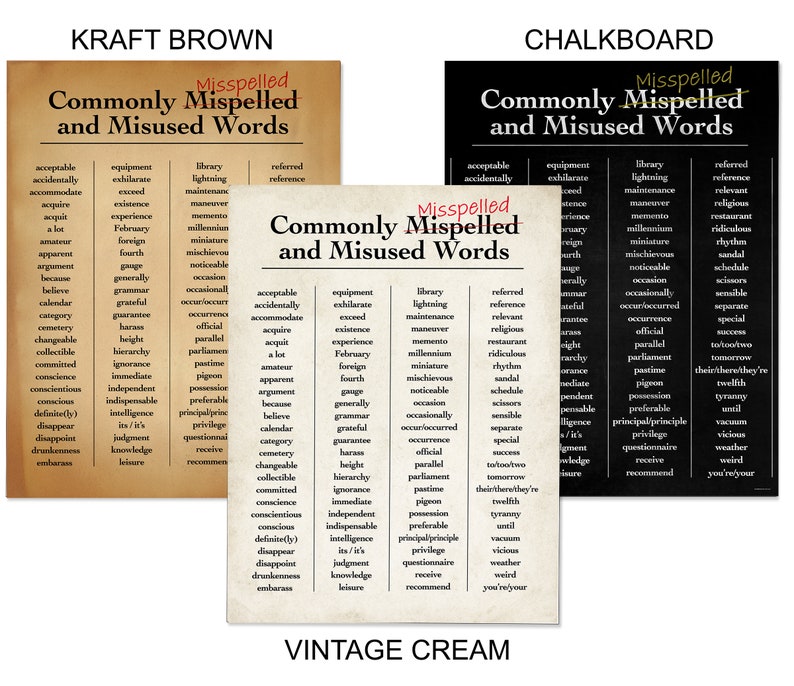 Commonly Misspelled Words Writing Print. Three Colors. Fine | Etsy