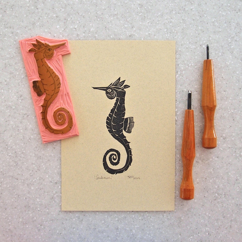 Seahorse Block Print Fish Aquatic Marine Animal Linocut Art Colored ...