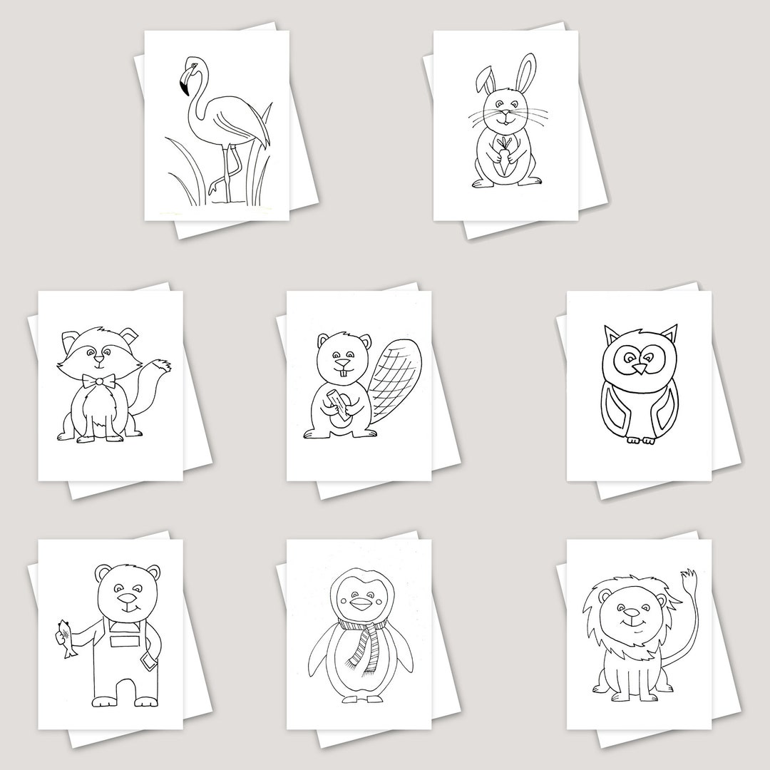 Cute Animals Coloring Kit Color Greeting Cards Flamingo Bunny Rabbit ...