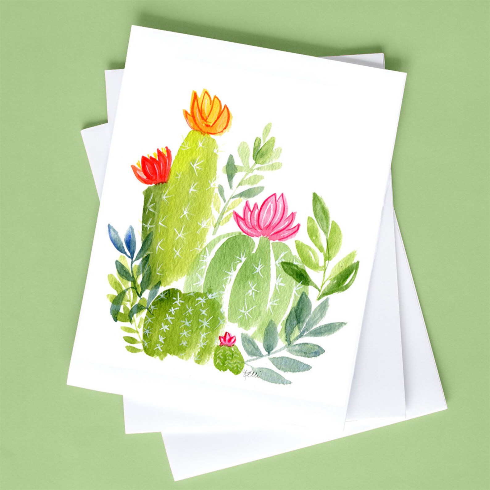 Succulent Cactus Flowers Watercolor Greeting Card - Printed - Any ...