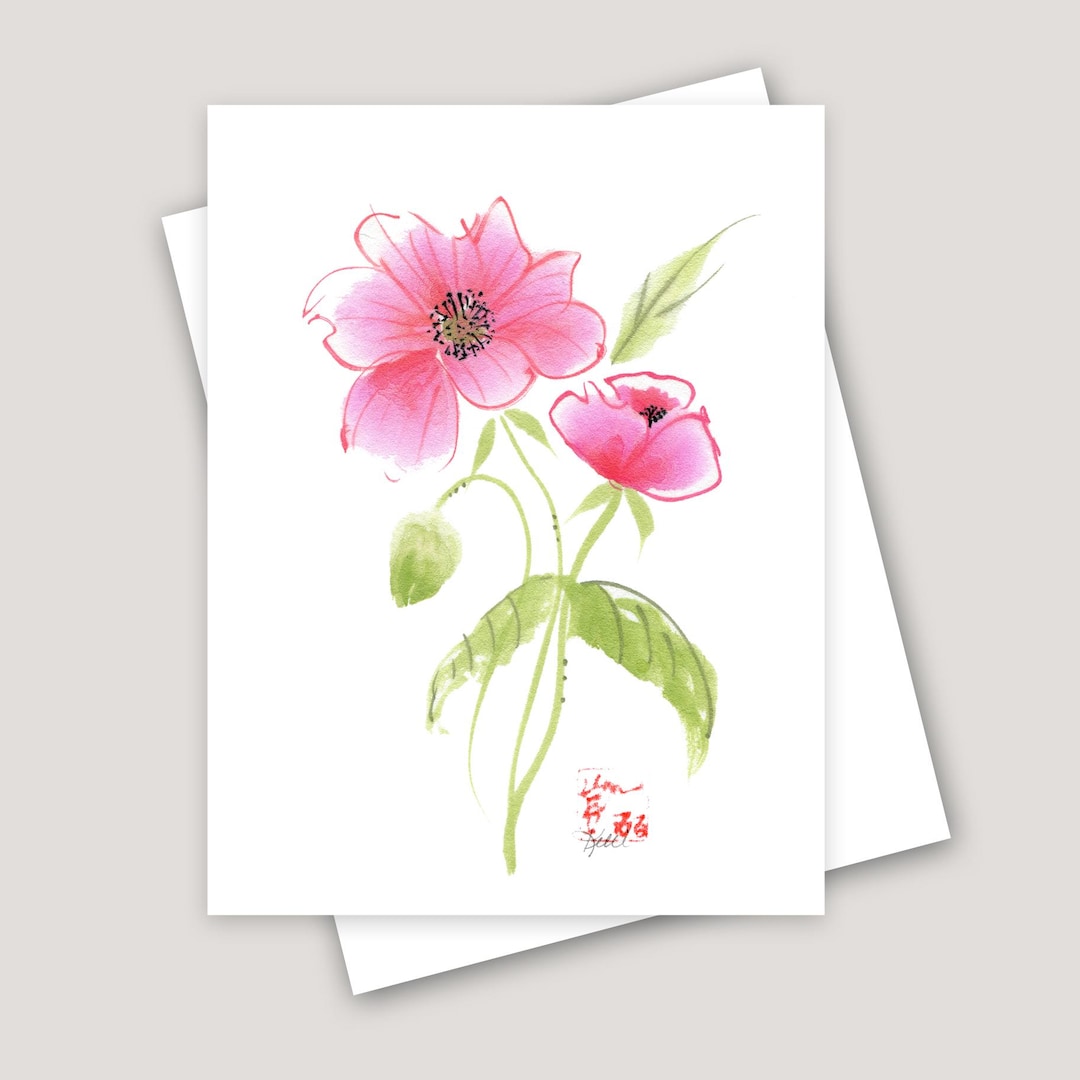 Pink Poppy Flower Greeting Card: Sumi-e Ink Botanical Print - Etsy