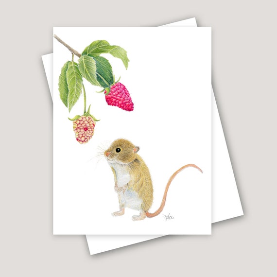 Mouse and Raspberries Printed Greeting Card Watercolor - Etsy