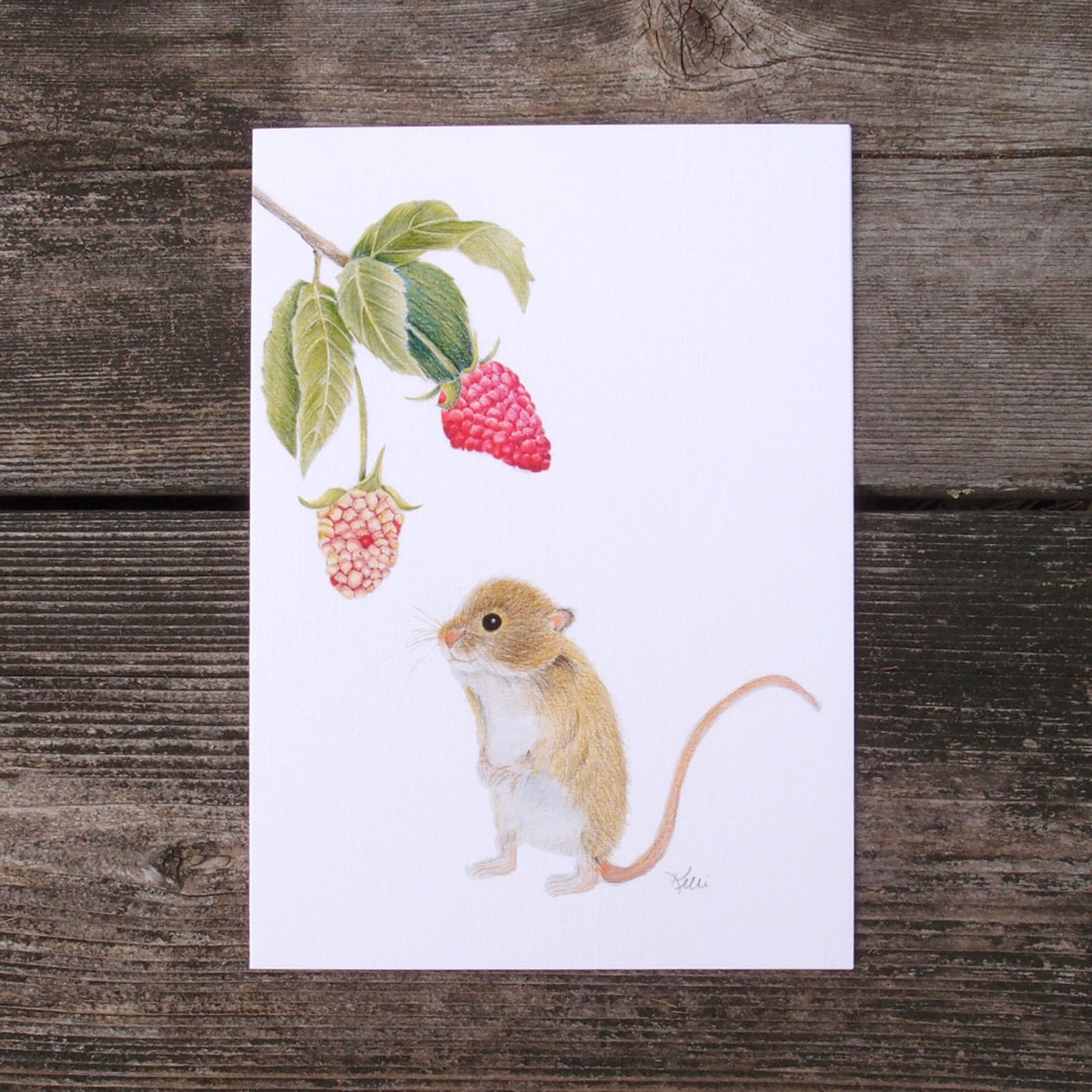 Mouse and Raspberries Printed Greeting Card Watercolor Chinese New Year ...