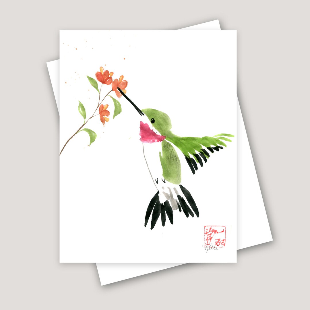 Hummingbird Watercolor Greeting Card: Sumi-e Ink Art Print - Etsy