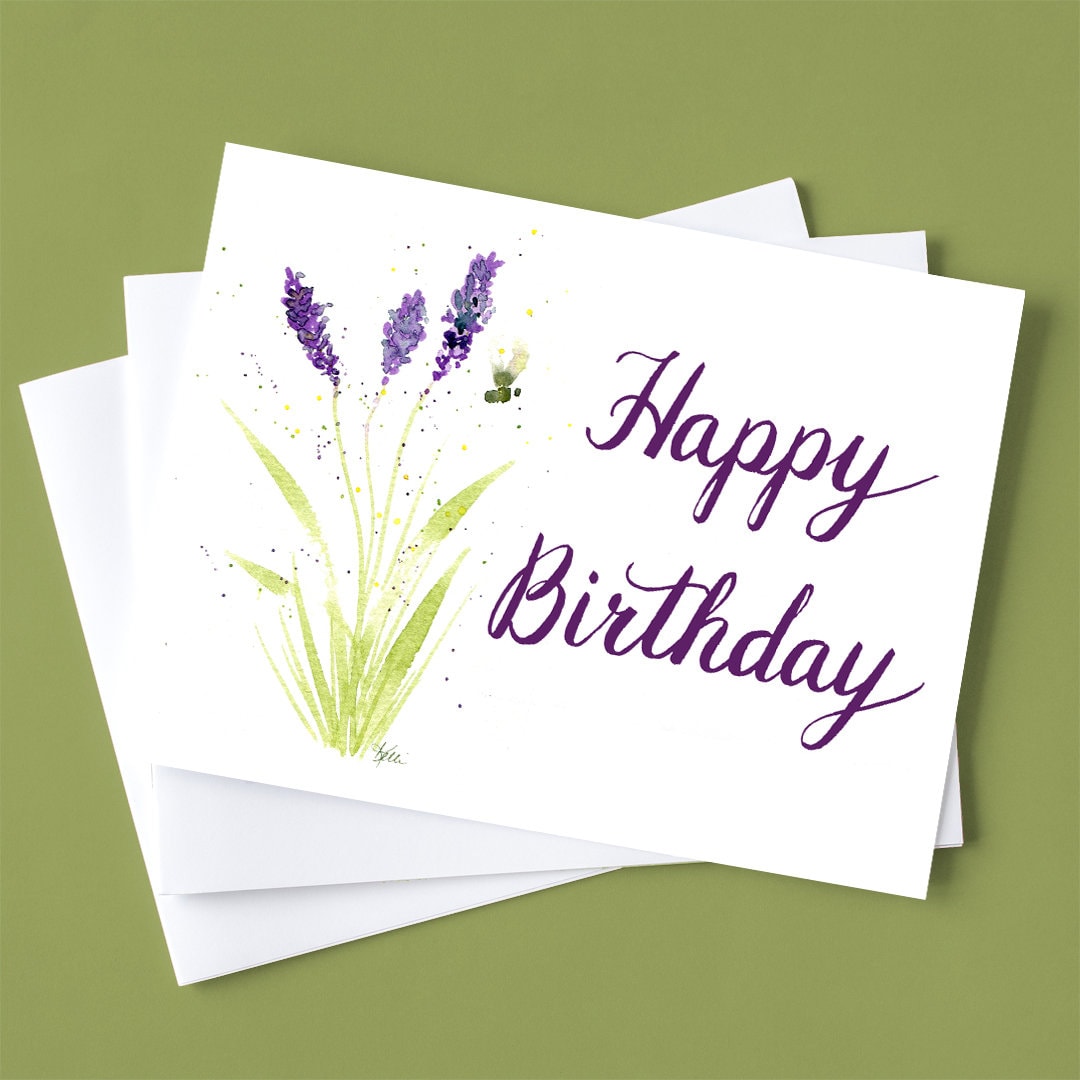 Lavender Flowers Happy Birthday Watercolor Greeting Card - PRINTED ...