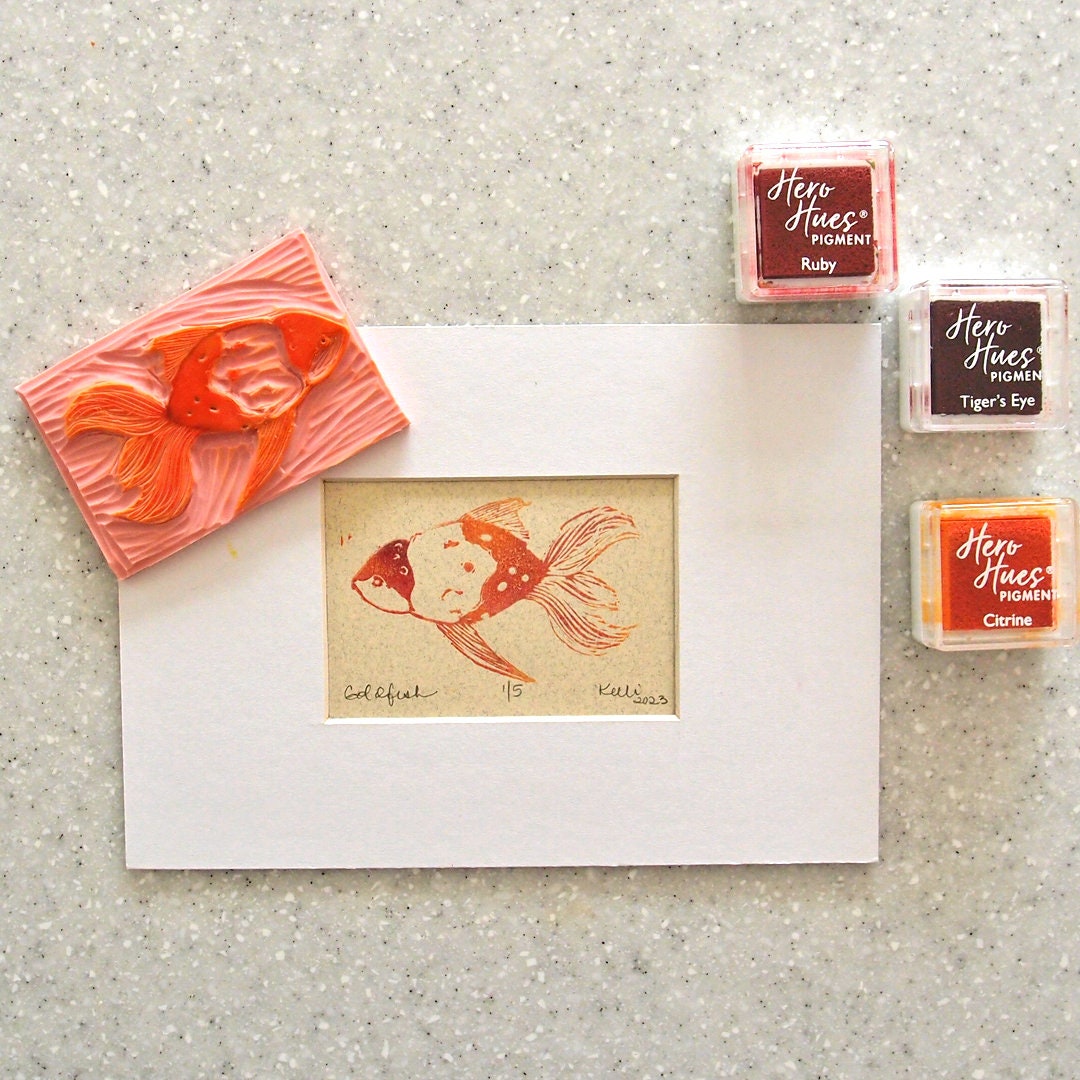 Goldfish Limited Edition Block Print Marine Animal Nature Art Orange ...