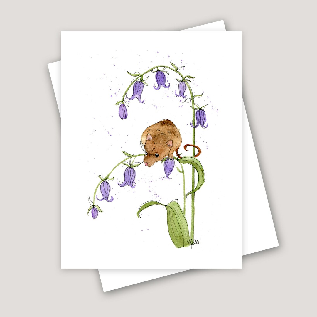 Cute Field Mouse and Purple Flowers Watercolor and Ink Greeting Card ...