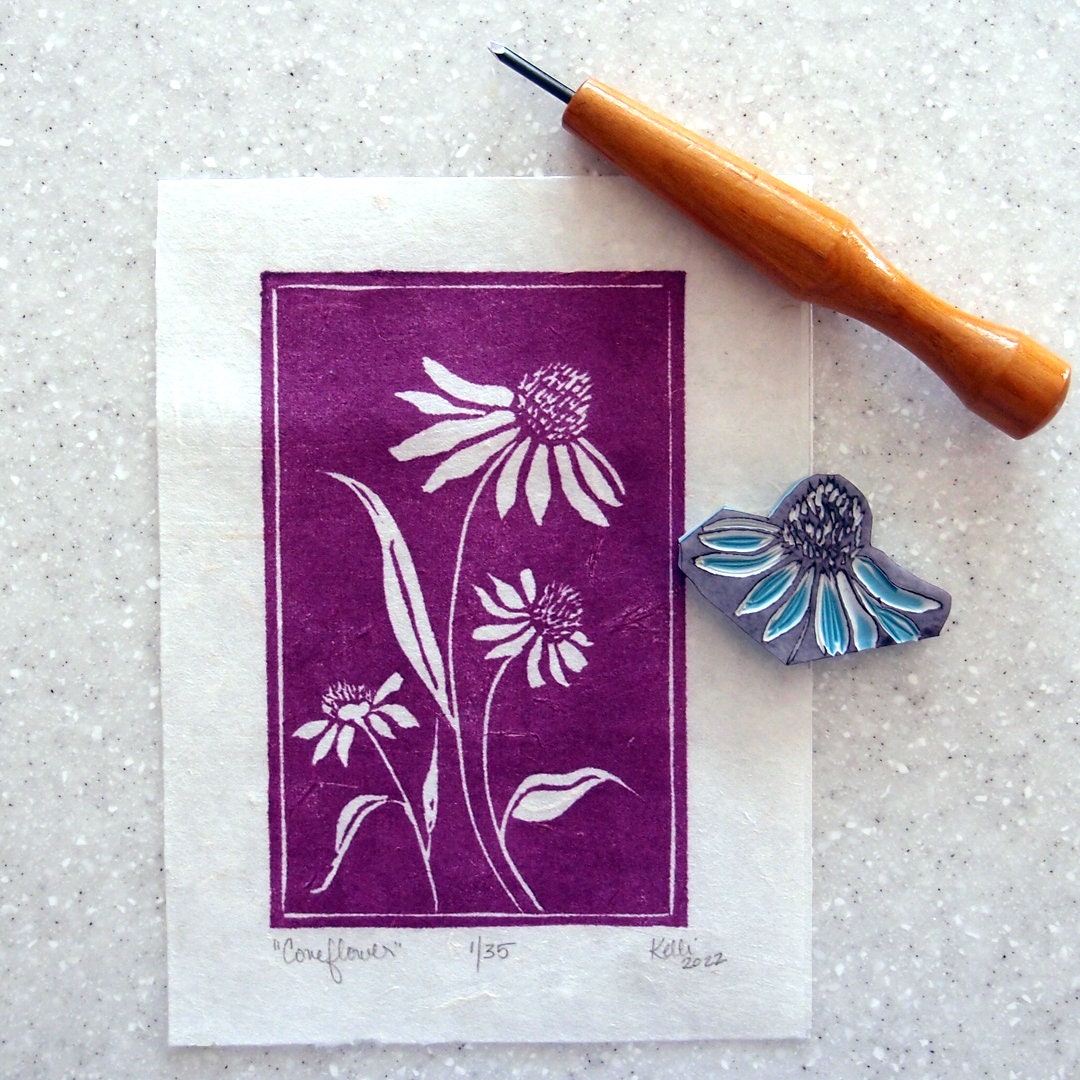 Purple Coneflower Limited Edition Block Print - Echinacea Botanical Flower Linocut Art ...