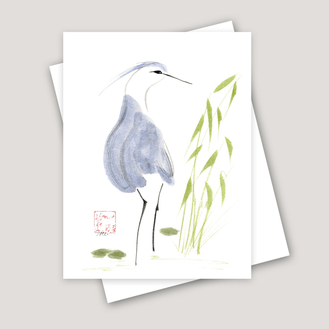 Blue Heron Watercolor Greeting Card: Sumi-e Bird Art Print - Etsy