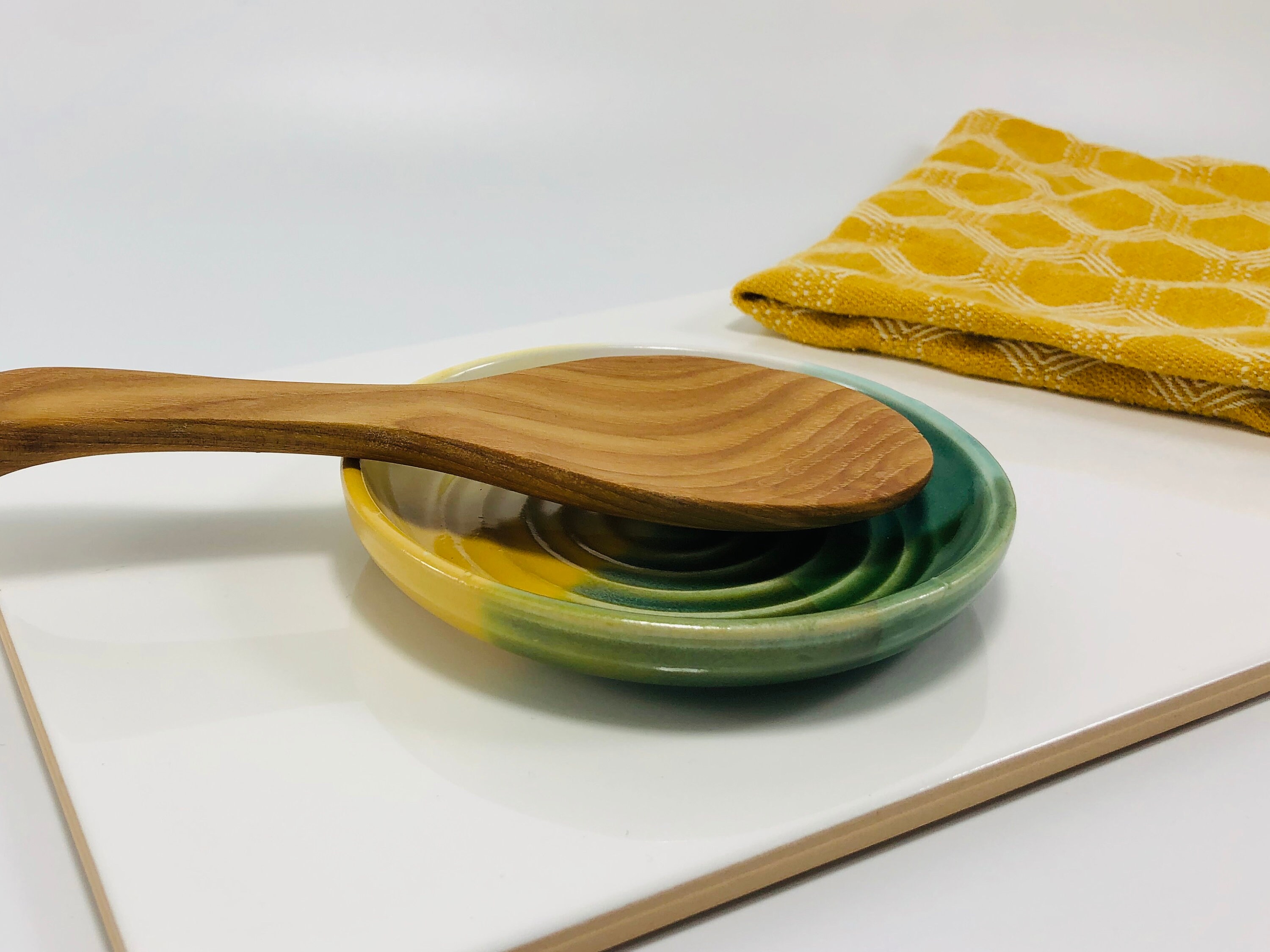 White, Green, and Yellow Spoon Rest / Handmade Dish - Etsy