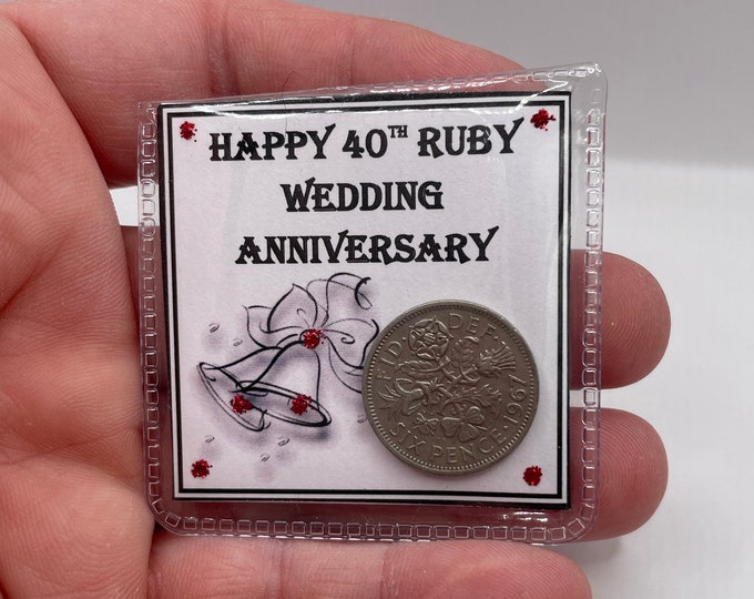 Happy 40TH RUBY Wedding Anniversary Lucky English Old Sixpence Coin Keepsake Wallet Purse Bells ...