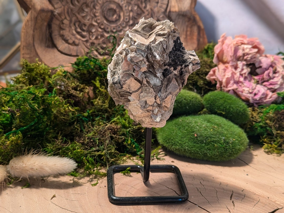 Muscovite Golden Mica Cluster on Display Stand W/ Black Tourmaline ...