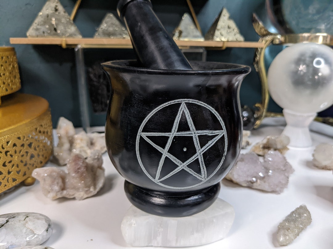 Large Black Soapstone Mortar & Pestle Pentacle Herbalist Altar Tool ...