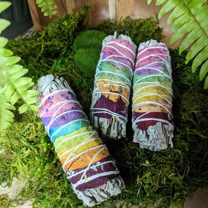 7 Chakra Sage Smudge Stick California White Sage Wand Bundle W/ Rainbow Rose Petals for ...