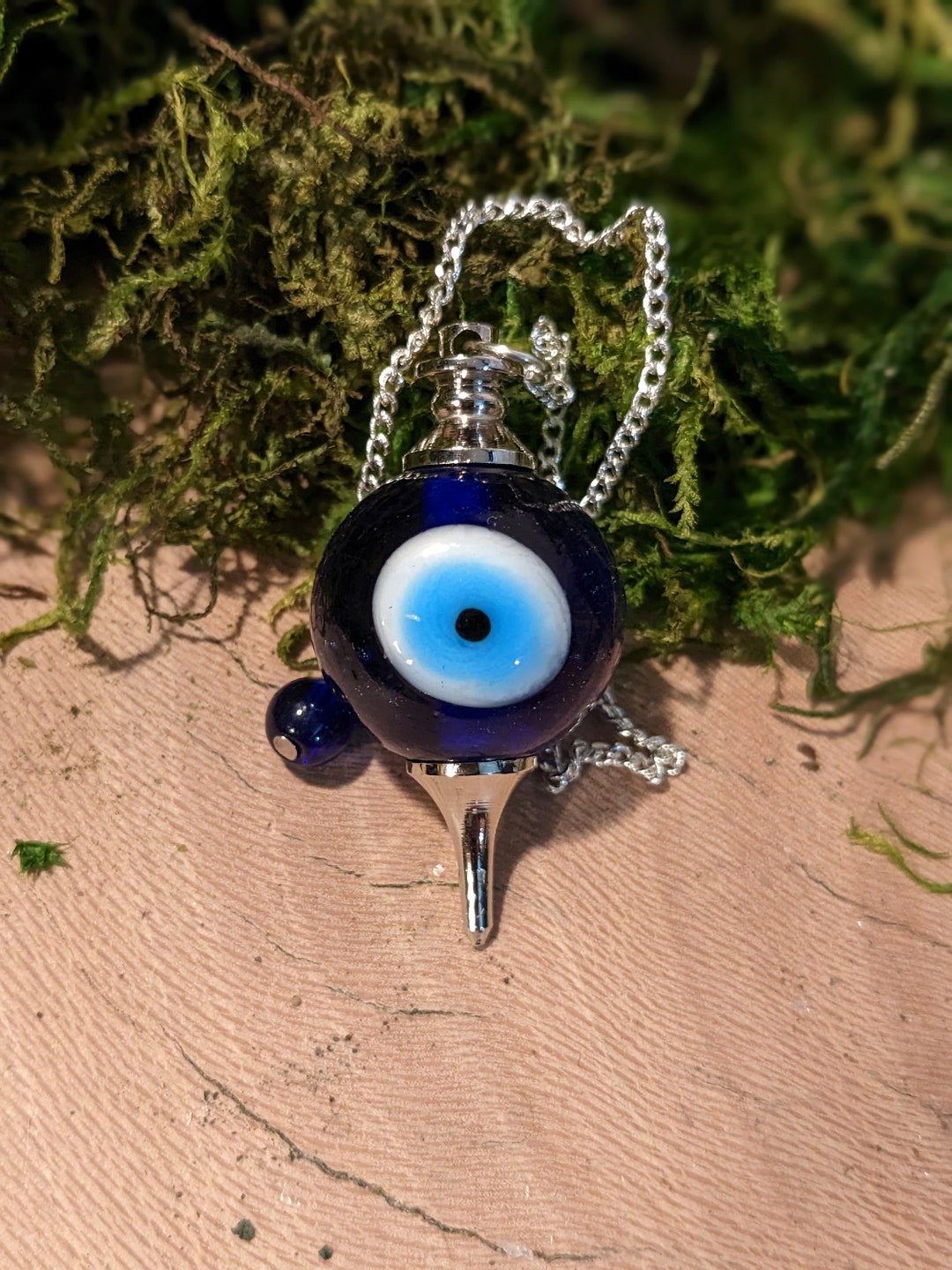 Evil Eye Sephoroton Pendulum Divination Polish Glass Silver Chain Mati Witch Spell Intuition ...