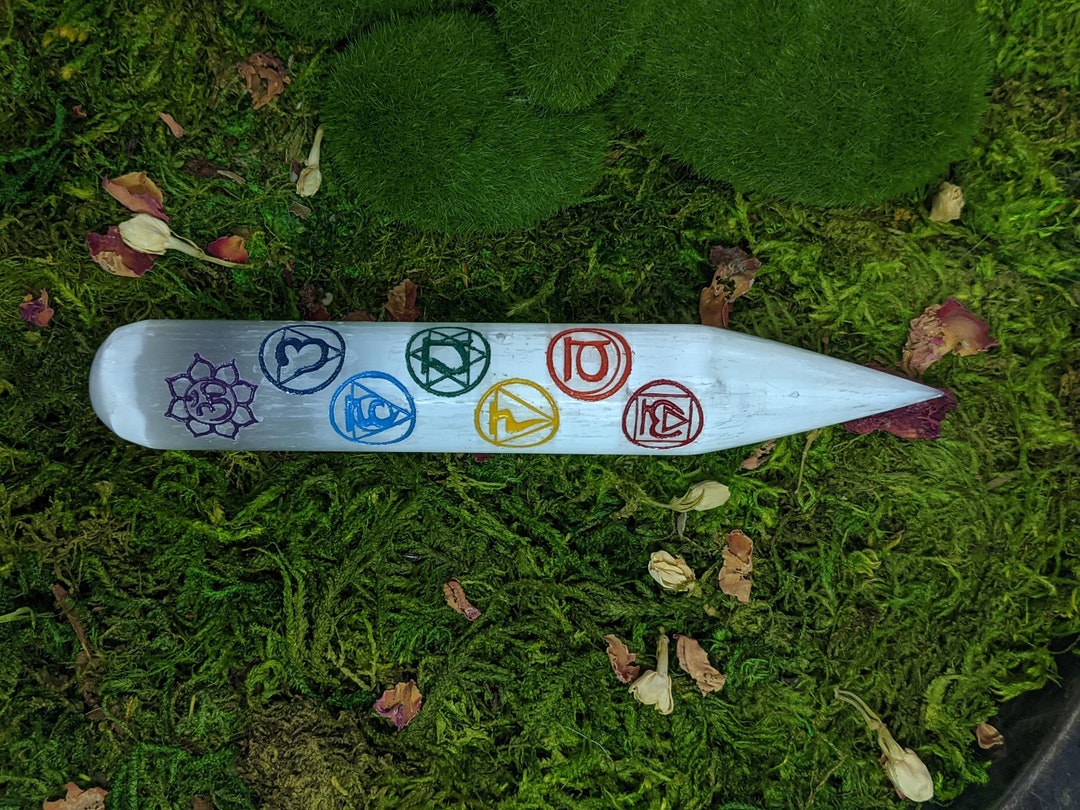 Polished White Selenite Chakra Symbols Massage Wand Etched Mandala ...