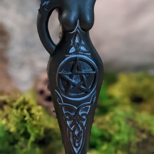 Black Pentacle Goddess Statue Triple Moon Stars Figurine Cauldron ...