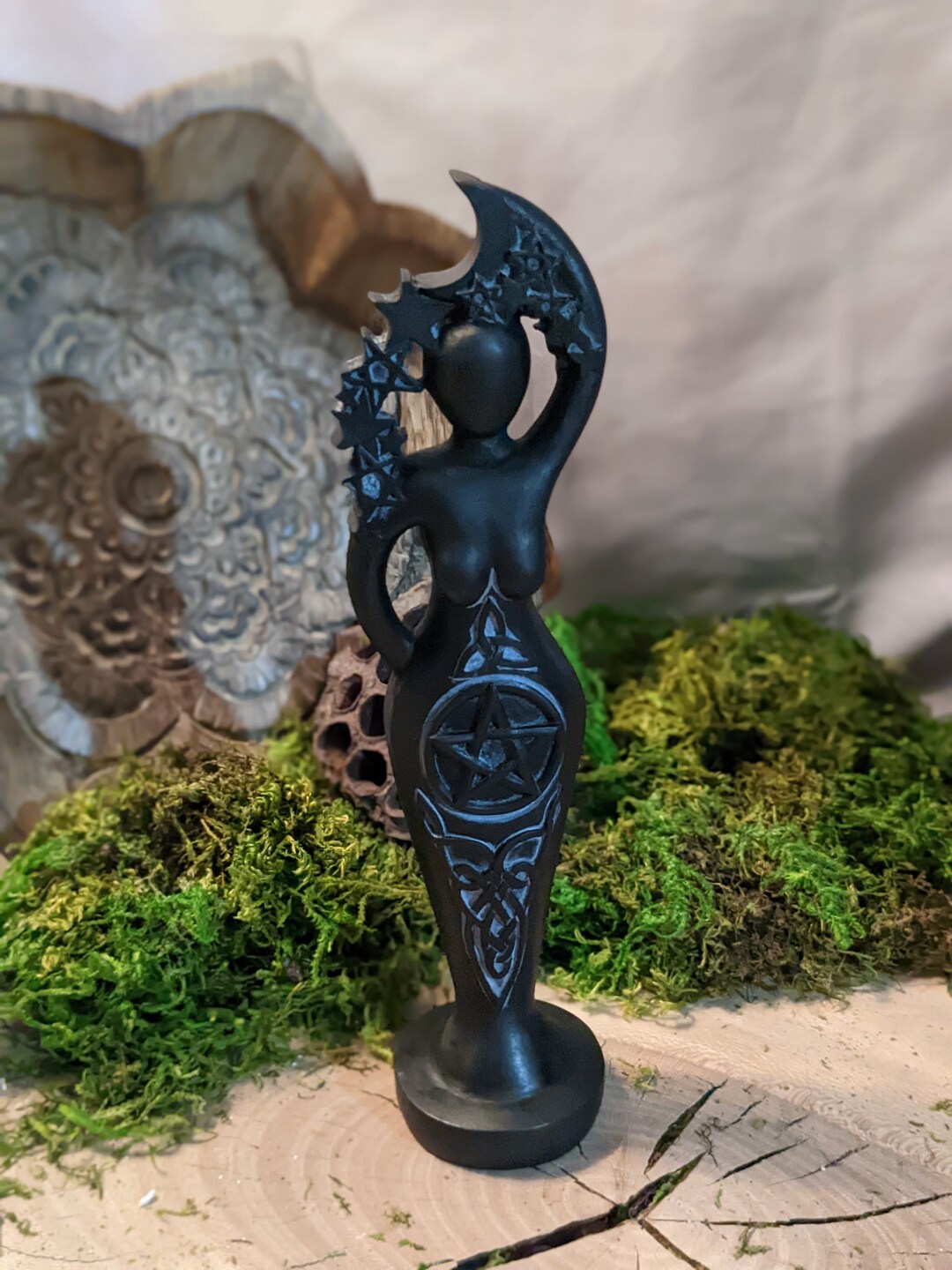 Black Pentacle Goddess Statue Triple Moon Stars Figurine Cauldron ...