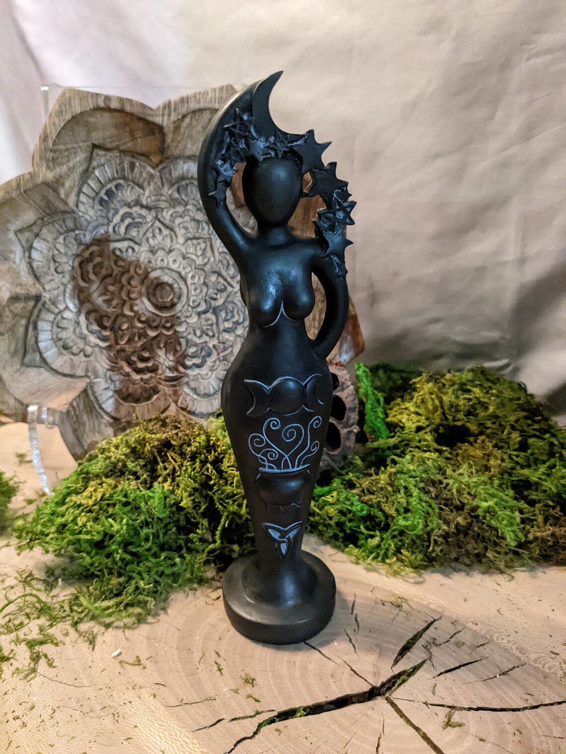 Black Pentacle Goddess Statue Triple Moon Stars Figurine - Etsy