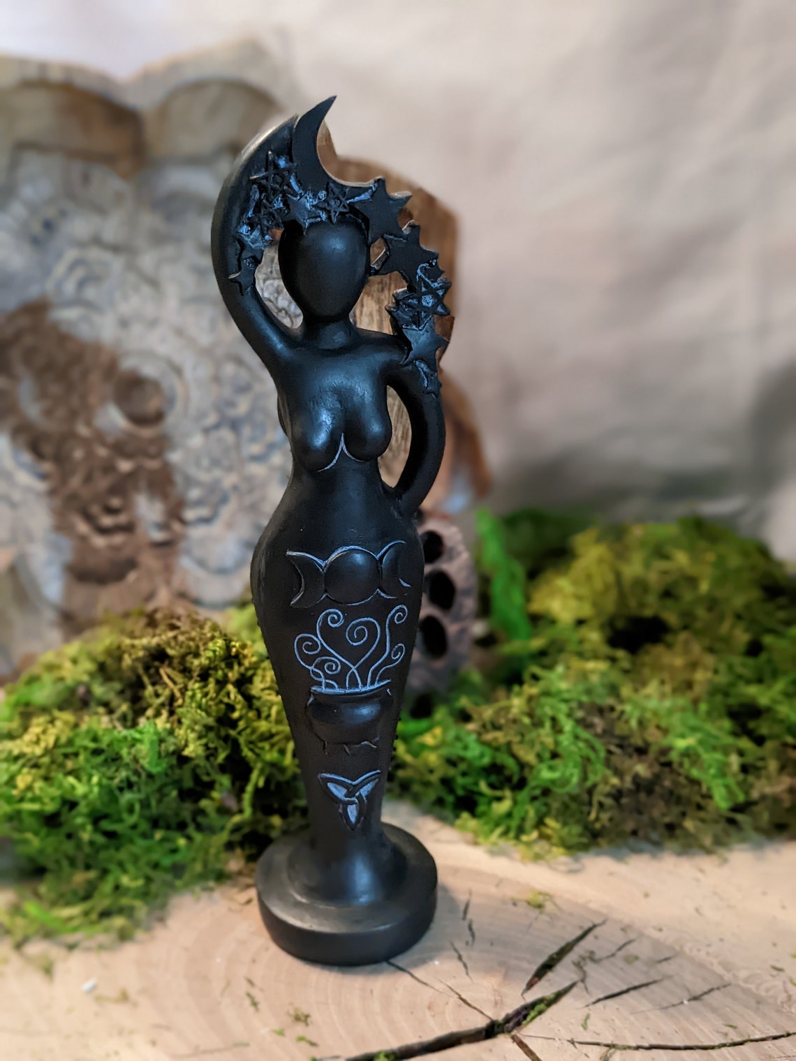Black Pentacle Goddess Statue Triple Moon Stars Figurine - Etsy