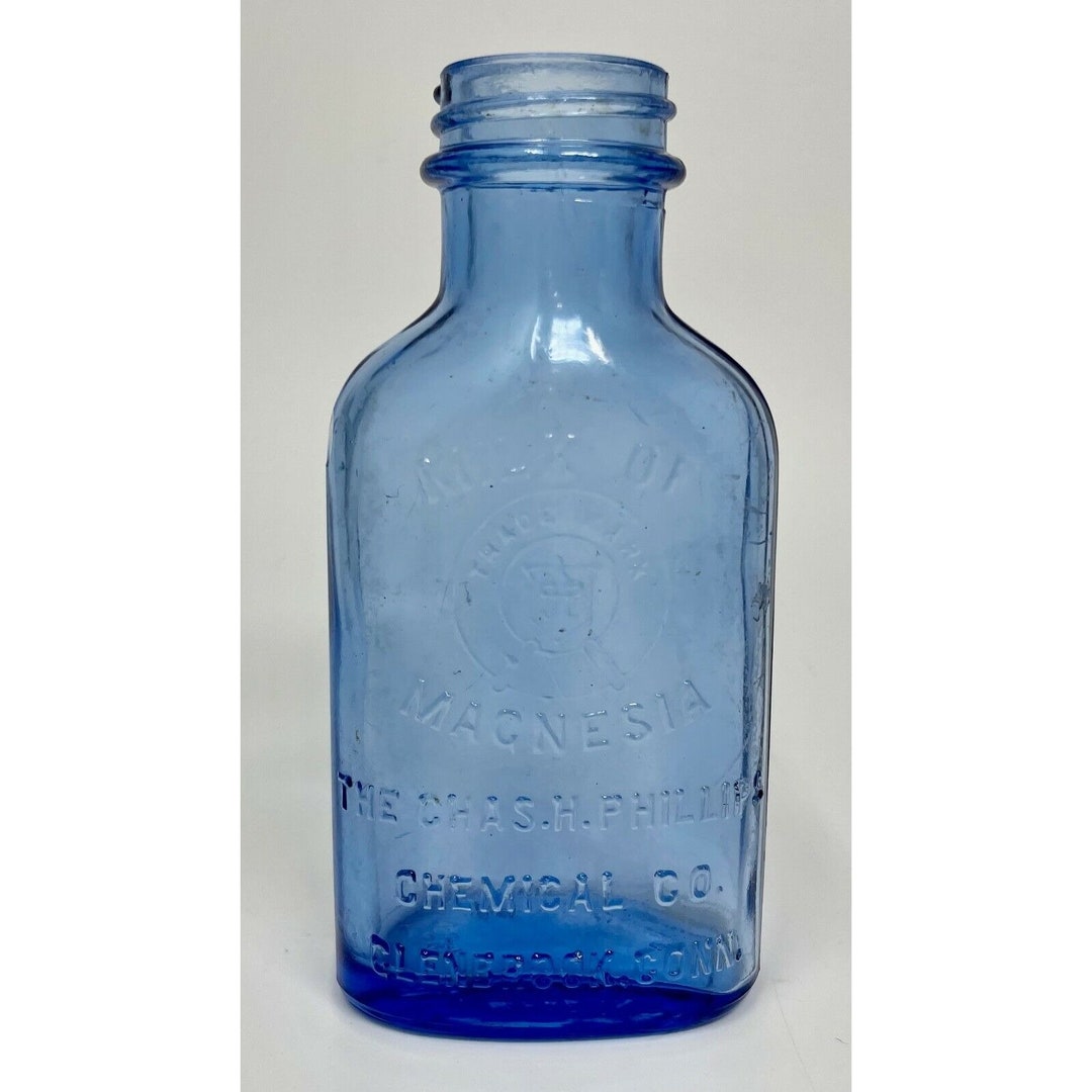 Vintage Blue Glass Phillips Milk of Magnesia 5" Medicine Bottle, Hazel ...