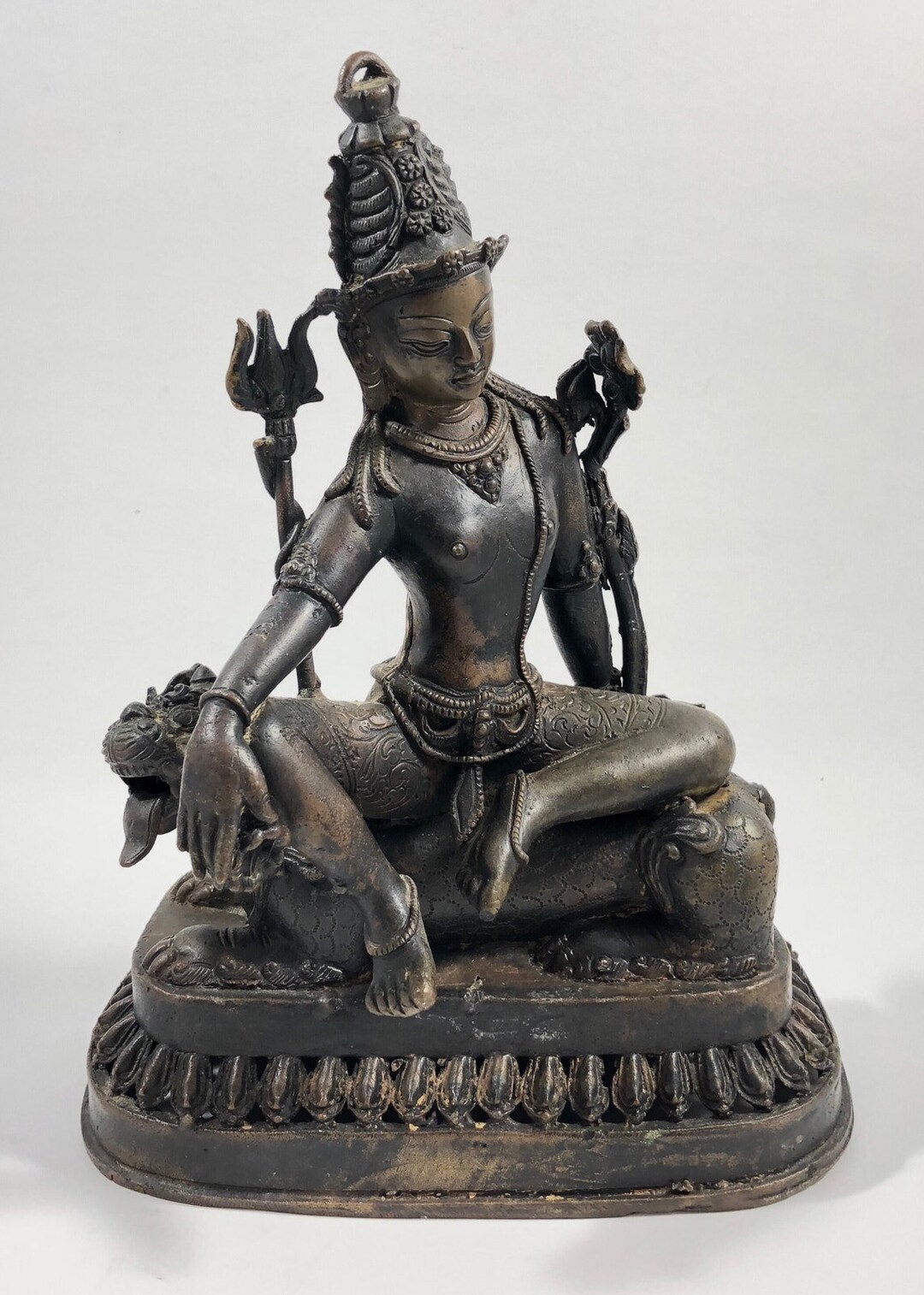 Antique Cast Bronze Hindu Deity Statue Foo Dog Trident, Wreath, God ...