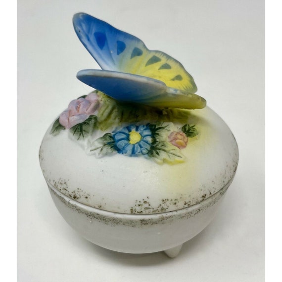 Vintage Bisque Butterfly Trinket Box, Porcelain, Blue… - Gem