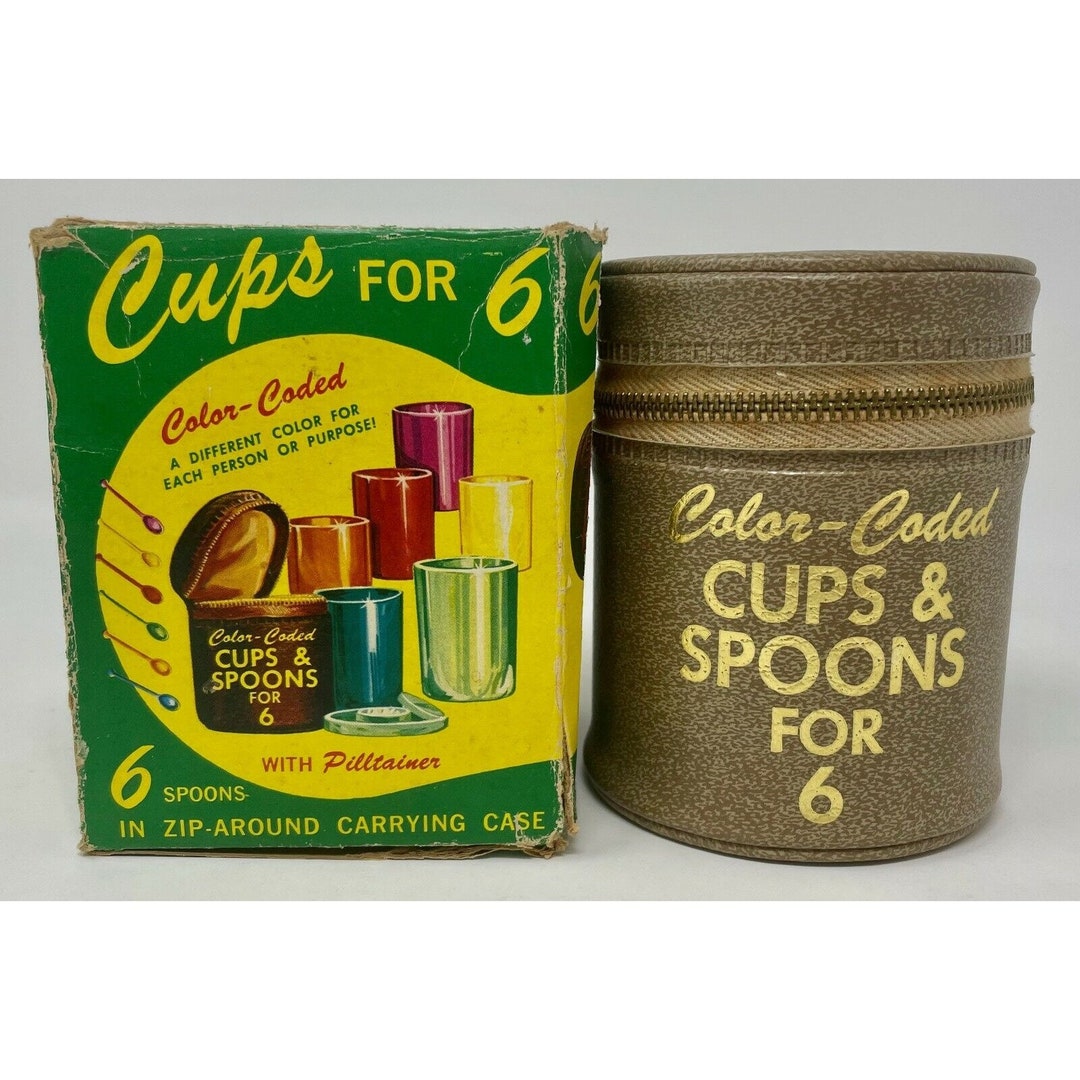 Vintage Color Coded Cups and Spoons for 6, Plastic in Zipped Case ...